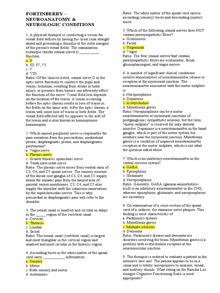 Neuroanatomy & Neurologic Conditions Questions | PDF | Neuron ...