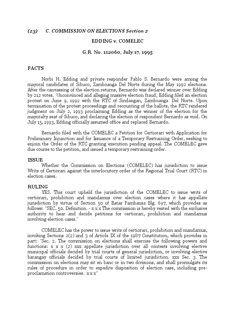 COMELEC Jurisdiction in Election Cases | PDF | Writ Of Prohibition ...