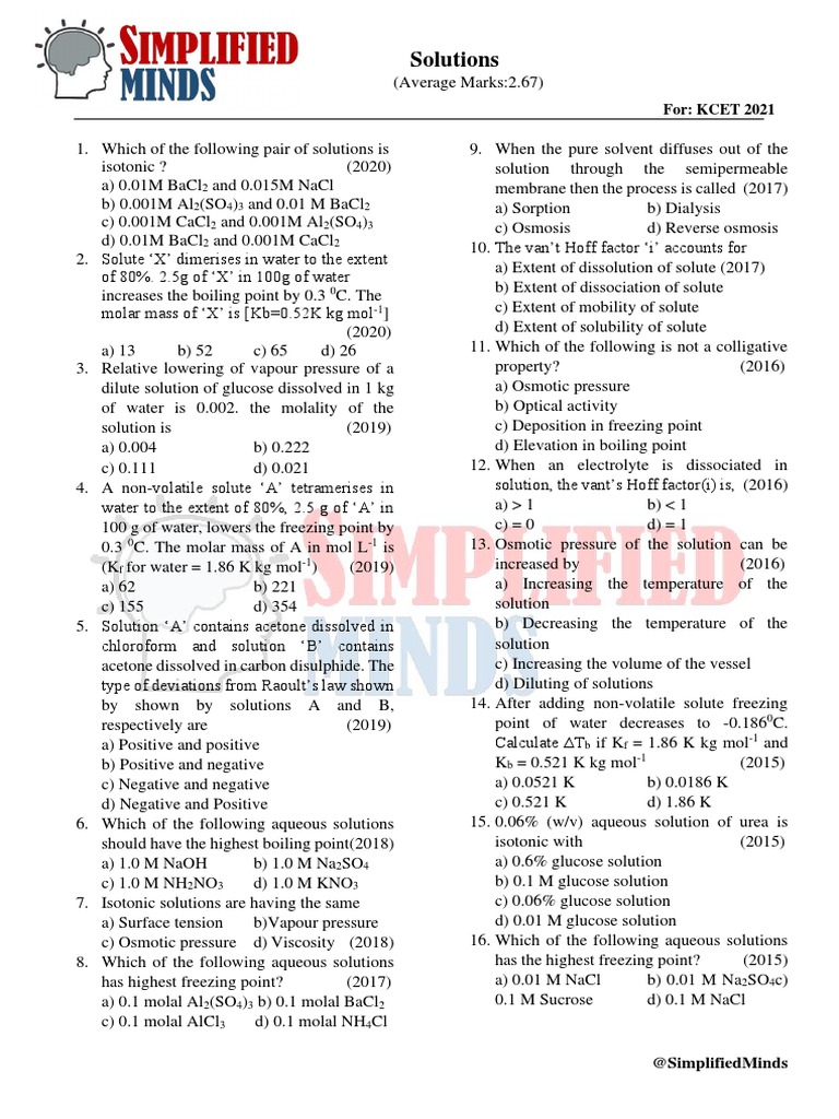 2.solutions KCET PYQs | PDF | Chemistry | Physical Chemistry
