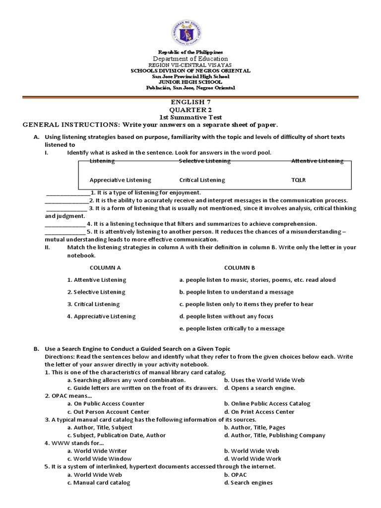 English 7 Quarter 2 1st Summative Test GENERAL INSTRUCTIONS: Write Your ...