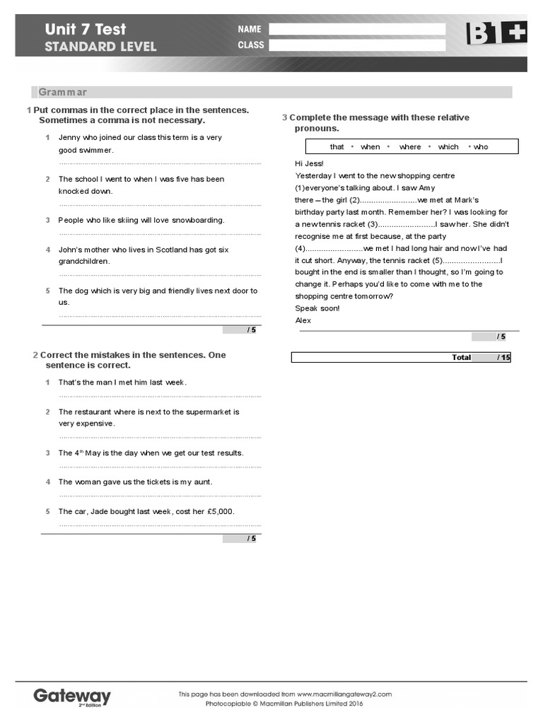 B1PLUS UNIT 7 Test Standard | PDF | Physical Education | Sports