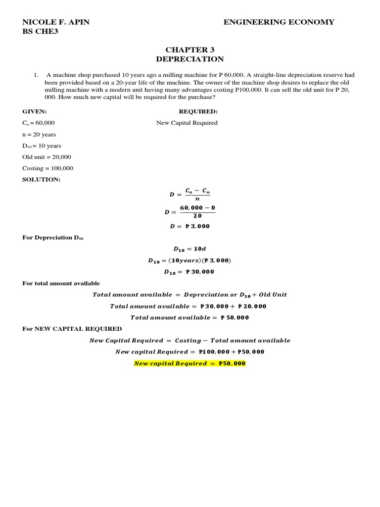 Nicole F. Apin Engineering Economy Bs Che3 Depreciation: Given: Required | PDF | Depreciation ...