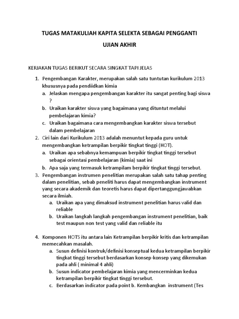 TUGAS MATAKULIAH KAPITA SELEKTA SEBAGAI PENGGANTI Ujian 2021 | PDF