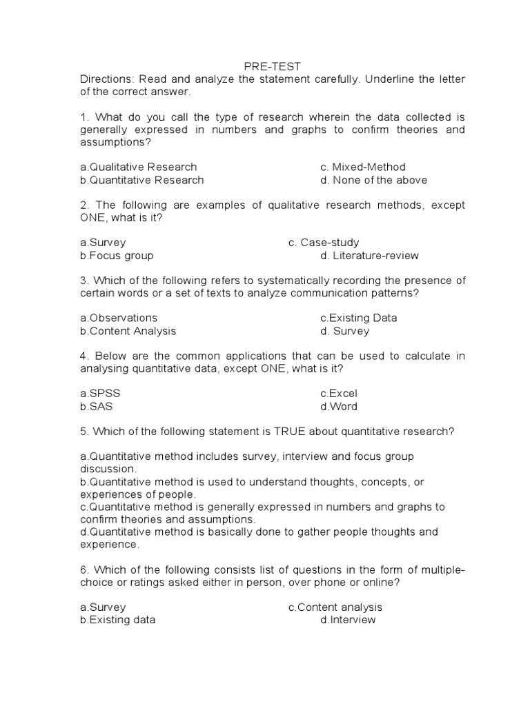 PRE-TEST For Research Methods | PDF | Quantitative Research ...