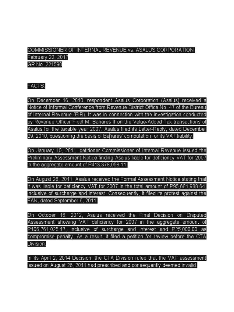 Digest Cir v. Asalus Corp | PDF | Value Added Tax | Internal Revenue ...