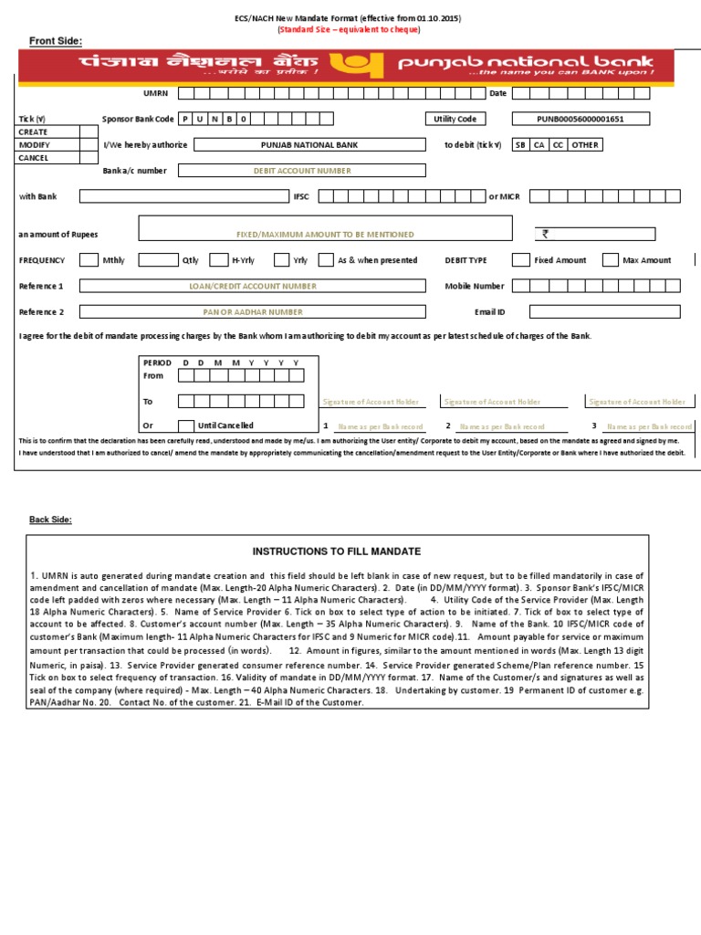 PNB NACH Mandate Form Instructions | PDF | Debit Card | Banks