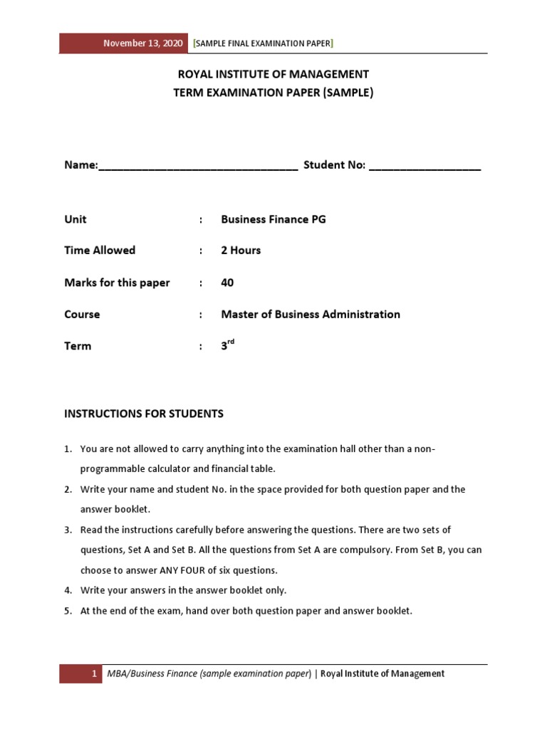 MBA Business Finance Exam Sample Paper | PDF | Bonds (Finance) | Net ...