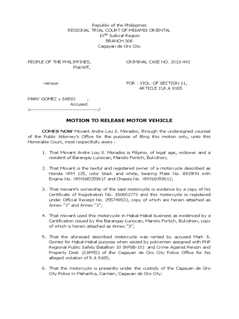 Motion to Release Motorcycle in Court Case | PDF | Government ...