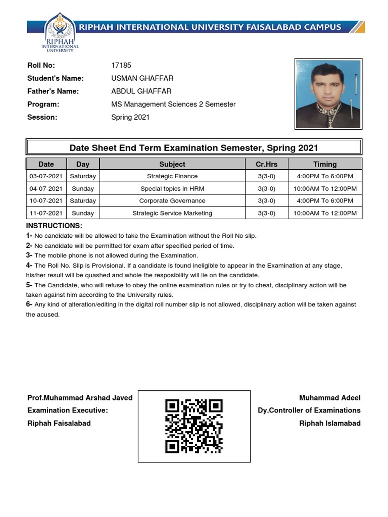 Date Sheet End Term Examination Semester, Spring 2021 | PDF
