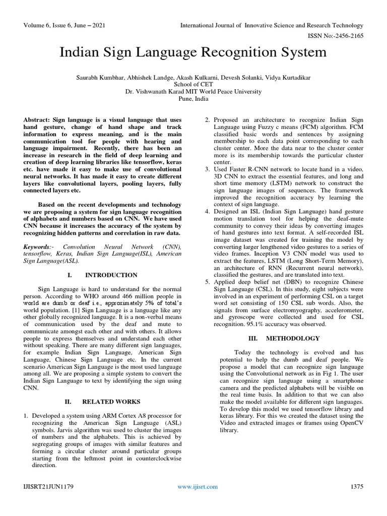 Indian Sign Language Recognition System | PDF | Sign Language | Deep ...