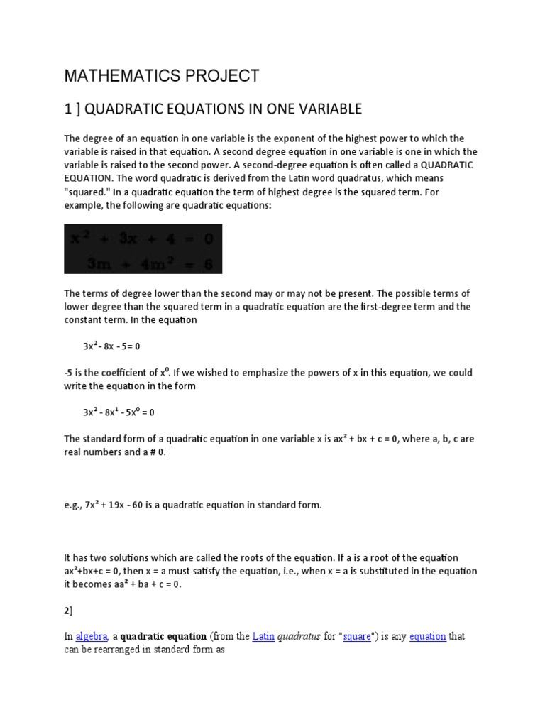 Mathematics Project | PDF | Quadratic Equation | Equations