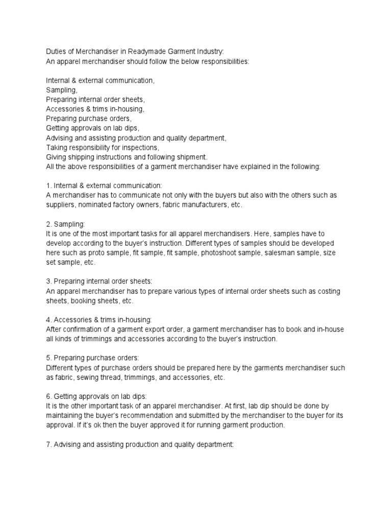 Duties of Merchandiser in Readymade Garment Industry | PDF | Clothing ...