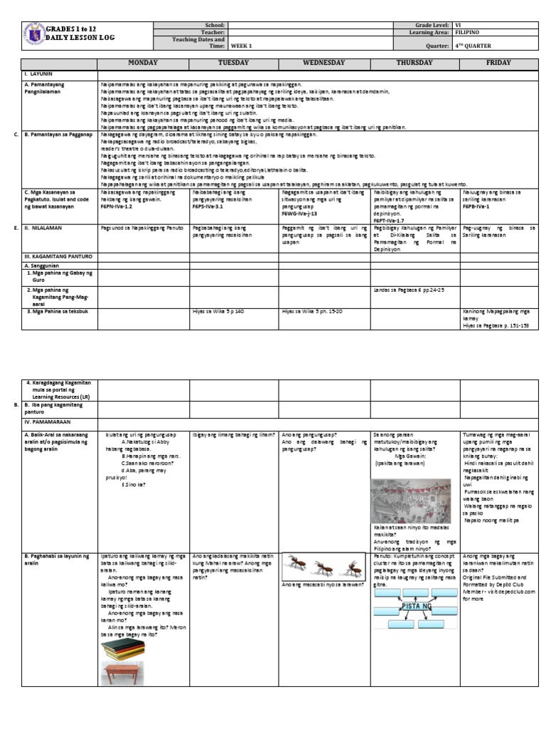 Grade 6 DLL Filipino q4 Week 1 | PDF