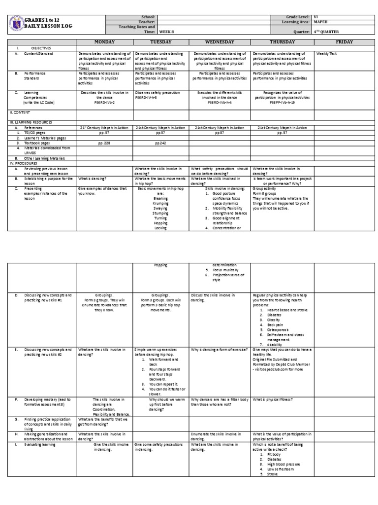 Grade 6 MAPEH Lesson Plan | PDF | Dances | Behavior Modification