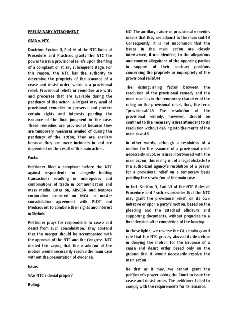 Preliminary Attachment Gma V. NTC Doctrine: Section 3, Part VI of The ...