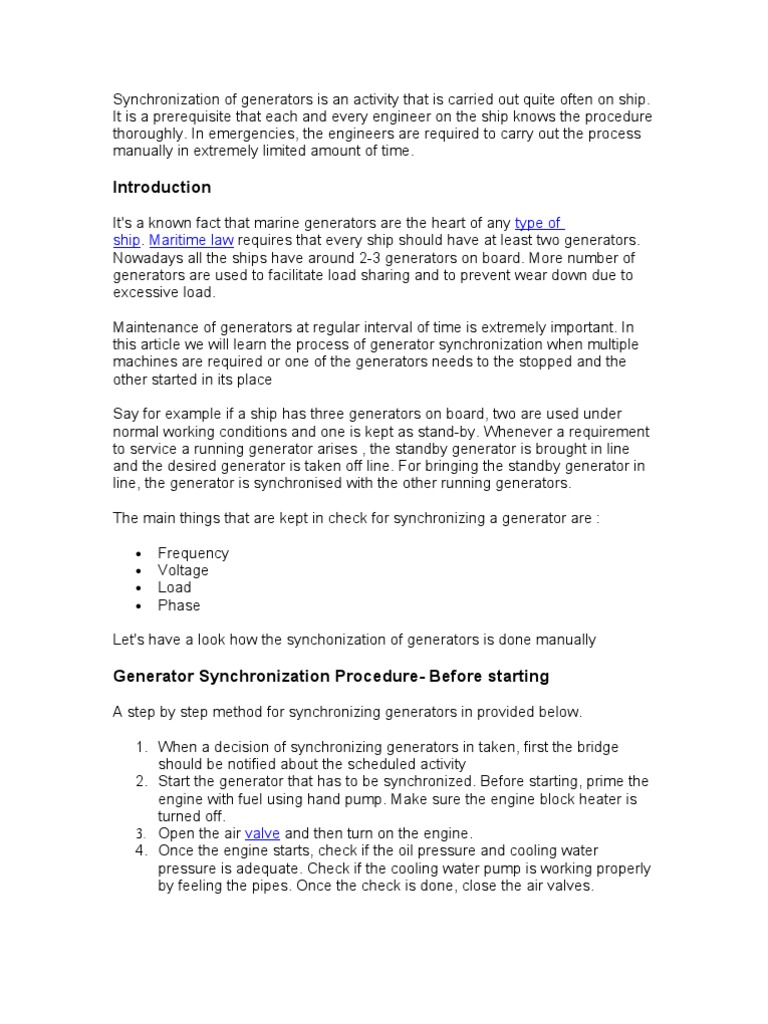 Ship Generator Synchronization Guide | PDF | Electric Generator | Ships