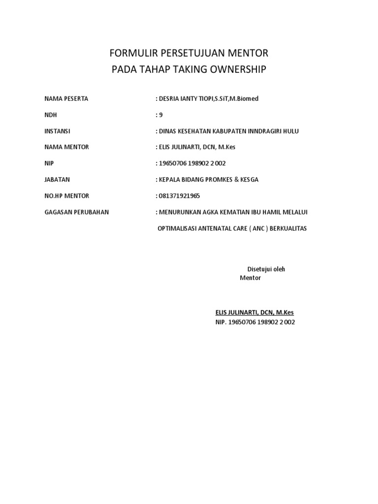 Formulir Persetujuan Mentor Pada Tahap Taking Ownership | PDF | Pengembangan Diri