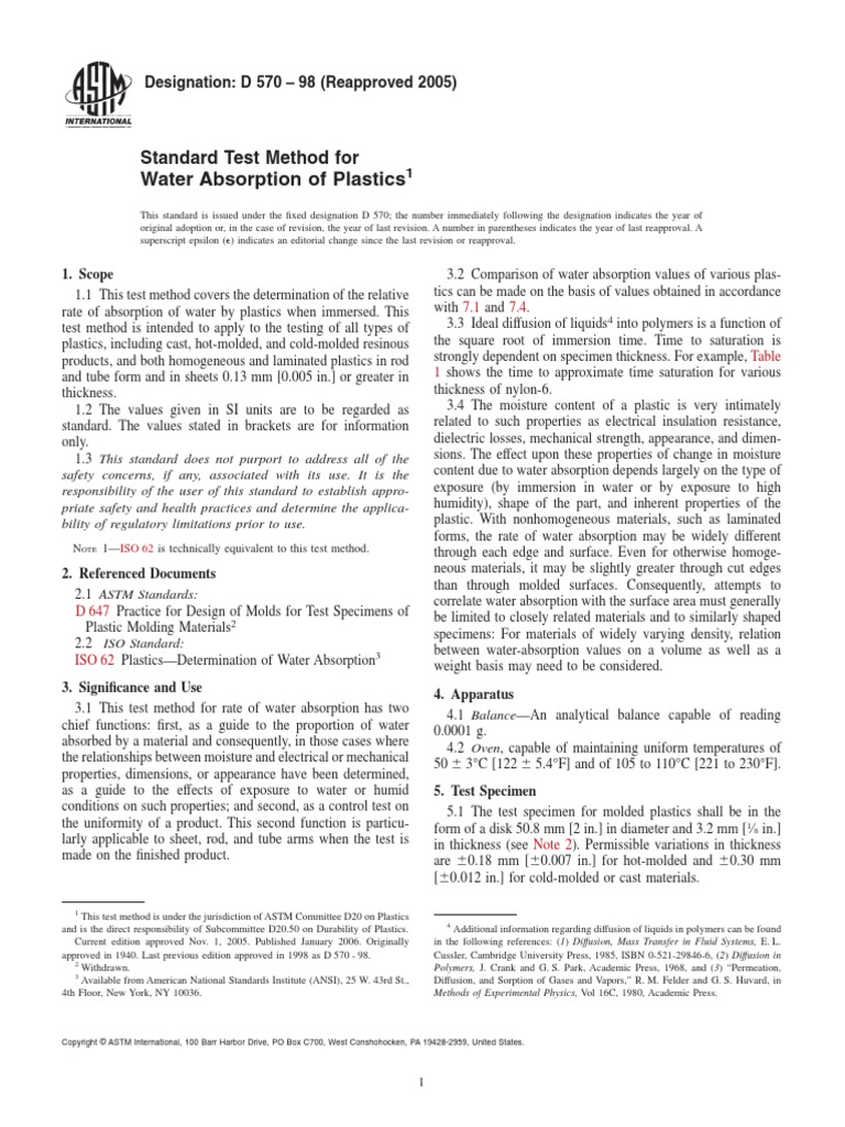 D570 STD Test Method For Water Absorption of Plastics | PDF | Plastic ...