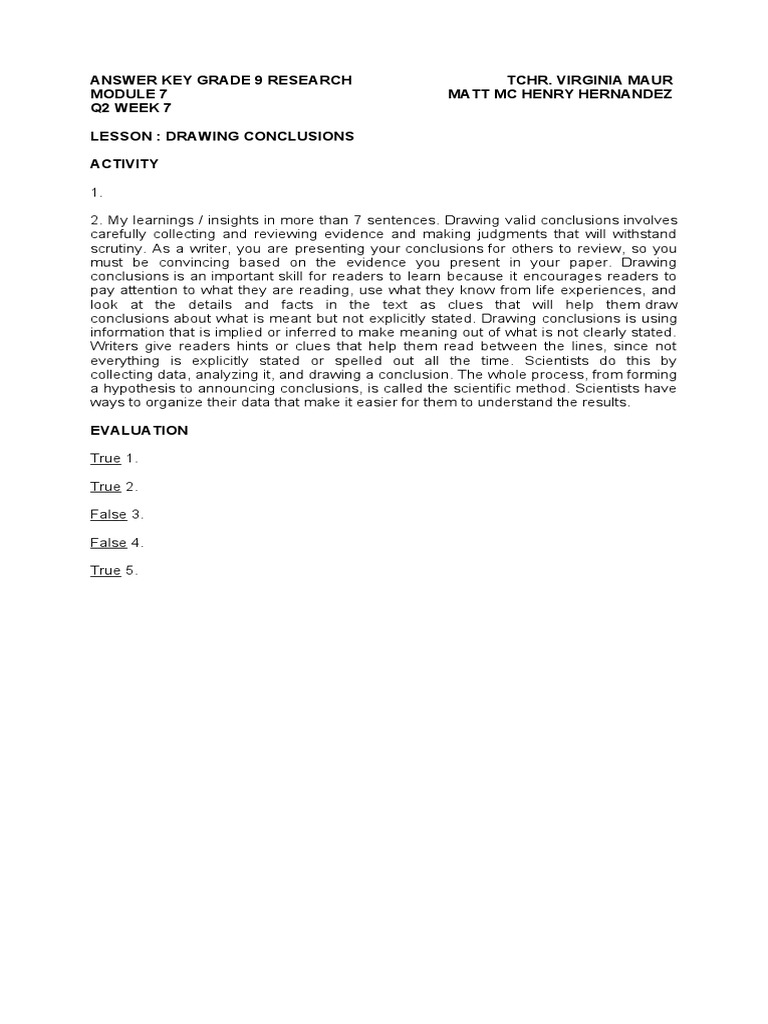 Drawing Conclusions in Grade 9 Research | PDF