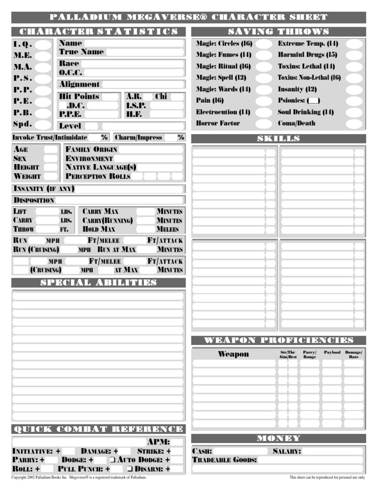 Palladium Megaverse Character Sheet | PDF | Sports