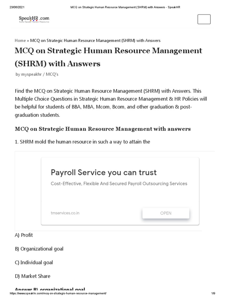 MCQ On Strategic Human Resource Management (SHRM) With Answers - SpeakHR | Download Free PDF ...