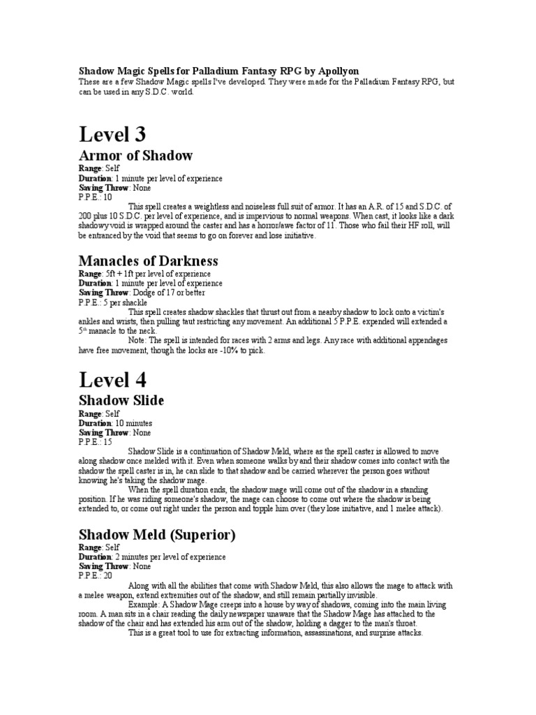 Shadow Magic Spells for Palladium RPG | PDF | Leisure | Sports
