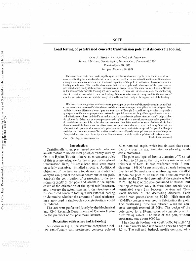 Load Testing of Prestressed Concrete Transmission Pole and Its Concrete ...