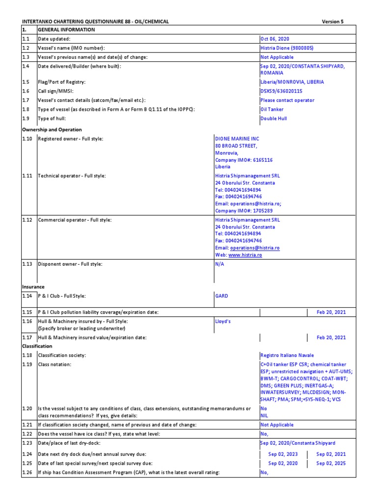 Intertanko Chartering Questionnaire 88 - Oil/Chemical 1. General ...