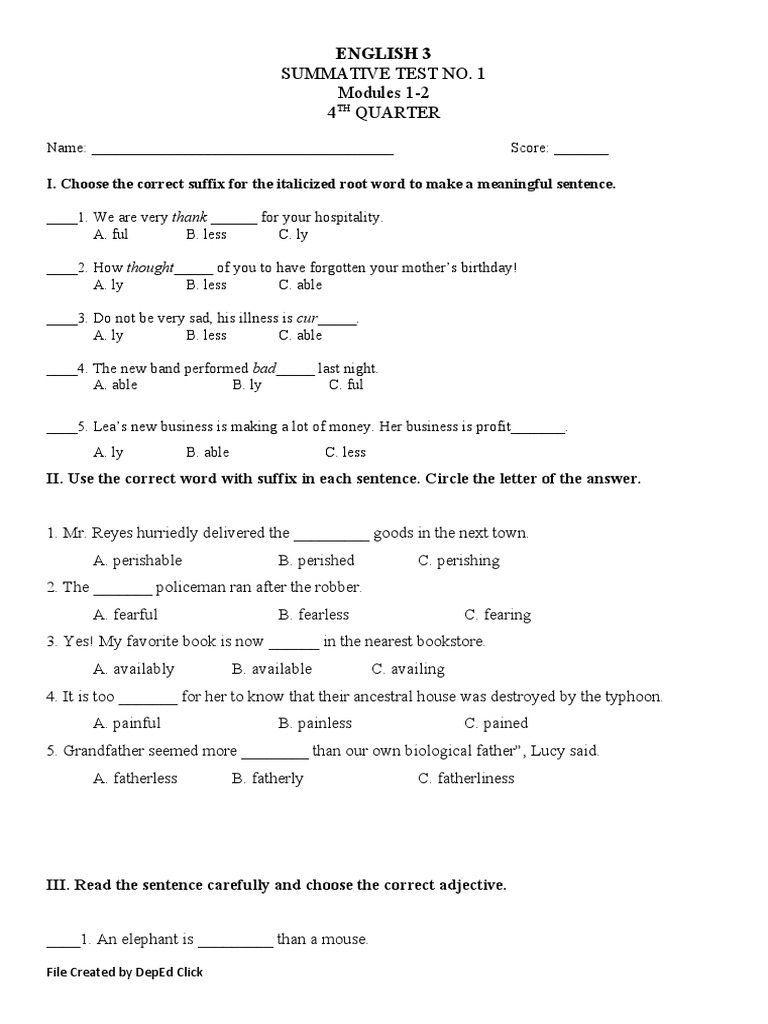 Assessing English Proficiency: A Summative Test Covering Modules 1-2 ...