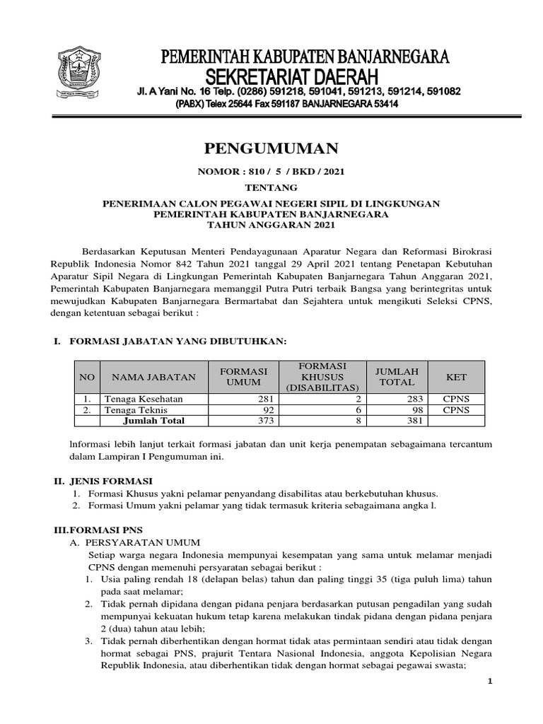 Penerimaan CPNS Banjarnegara 2021 | PDF | Pengelolaan Keuangan & Uang