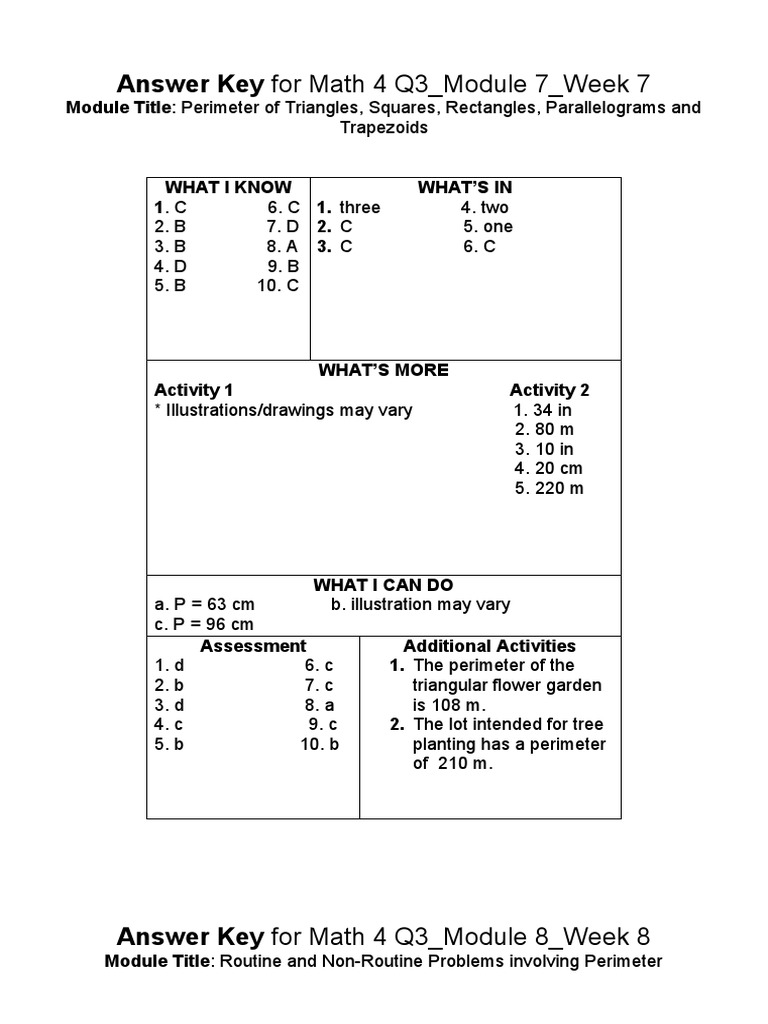 Answer Key For Math 4 Q3 - Module 7 - Week 7 | PDF | Rectangle ...