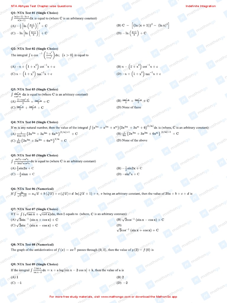 Indefinite Integration Questions | PDF