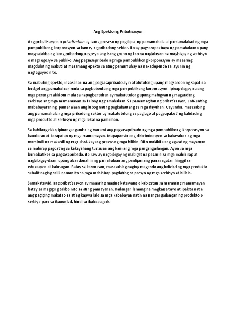 Ang Epekto NG Pribatisasyon | PDF