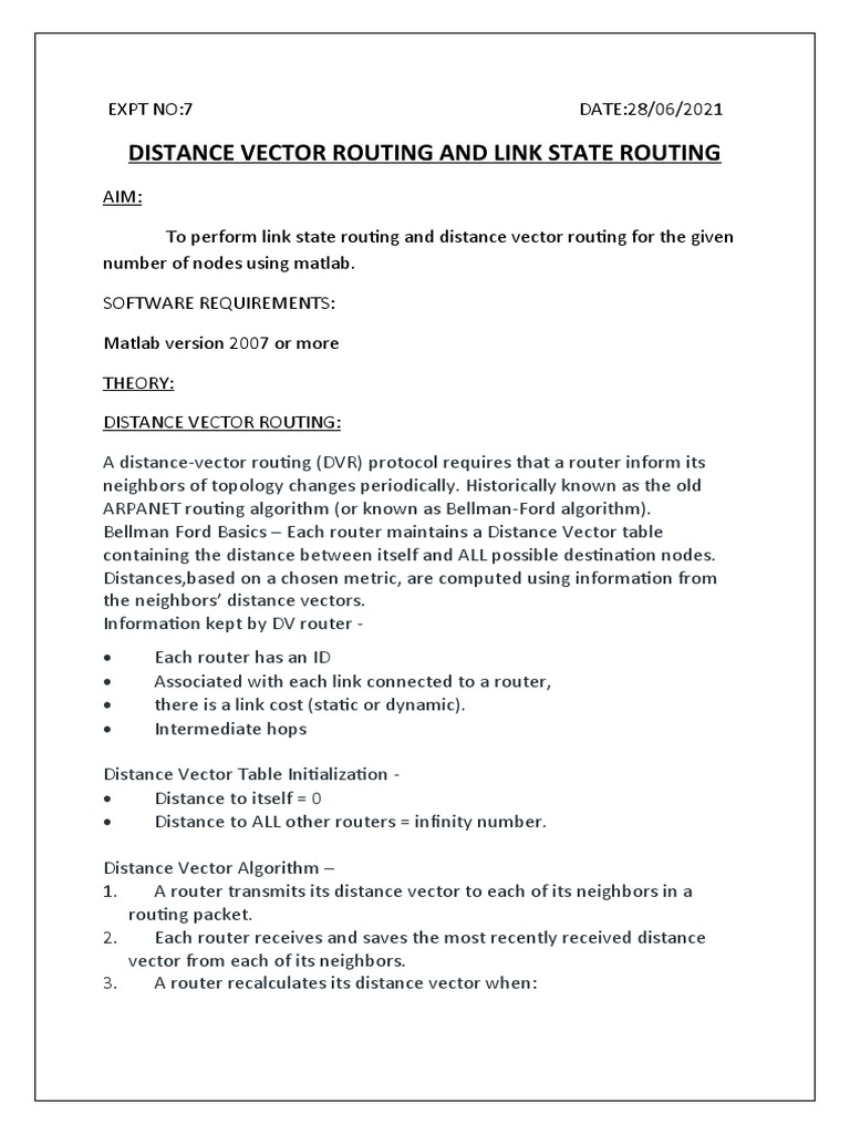 Distance Vector Routing and Link State Routing: Expt No:7 DATE:28/06/2021 | Download Free PDF ...