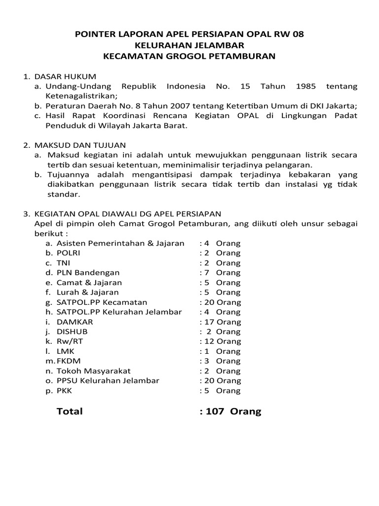 Laporan Pelaksaan Kegiatan Opal Kelurahan Jelambar | PDF