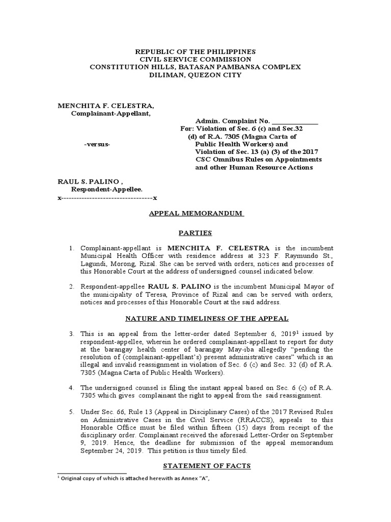 Sample Appeal Memorandum CSC Celestra Vs Paulino | PDF | U.S. Securities And Exchange Commission ...
