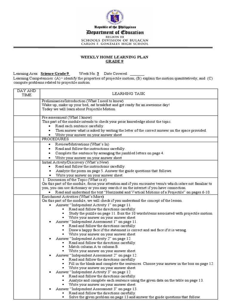 Weekly Home Learning Plan Science9 Q4M3 | PDF | Cognition | Learning