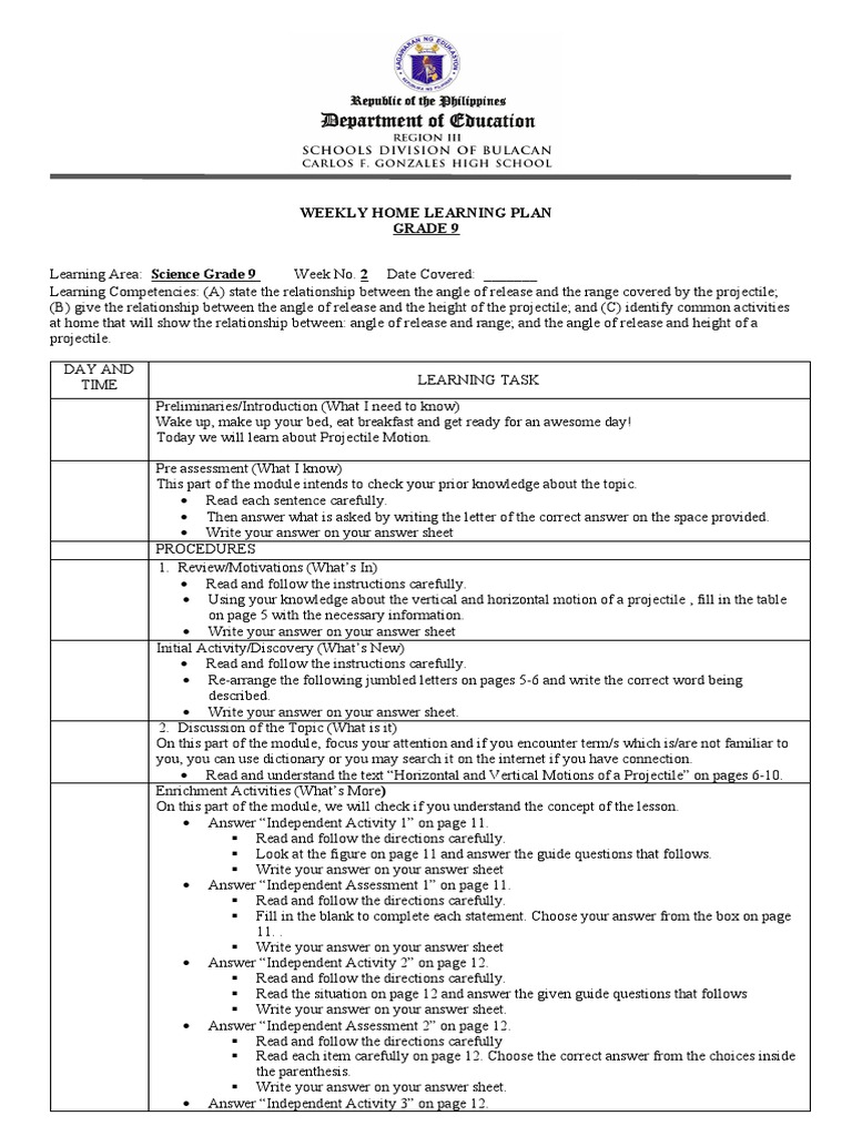 Weekly Home Learning Plan Grade 9 | PDF | Projectiles | Learning