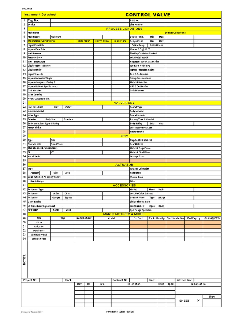Control Valve: Instrument Datasheet Tag No. Process Conditions | PDF ...