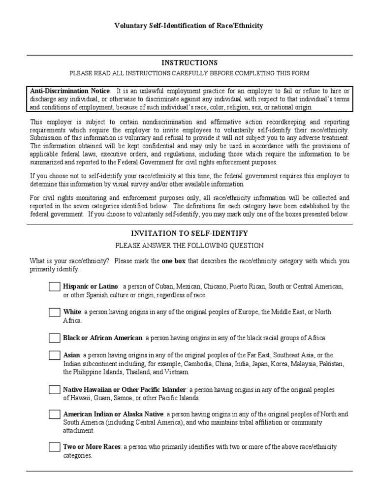 Voluntary Self-Identification of Race Ethnicity | PDF | Race And ...