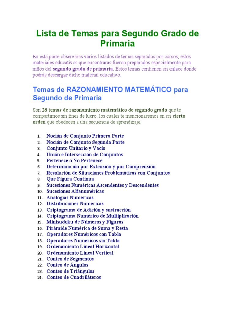 Lista de Temas para Segundo Grado de Primaria | PDF | Sustracción | Circulo