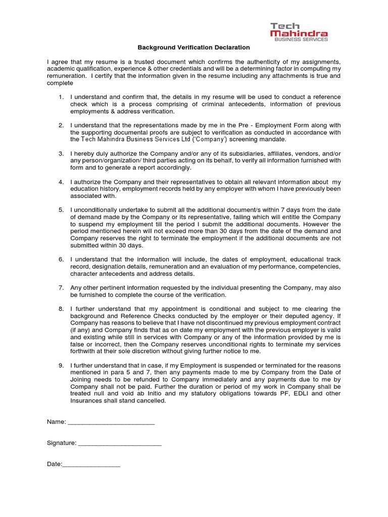 Background Verification Declaration | PDF | Verification And Validation ...