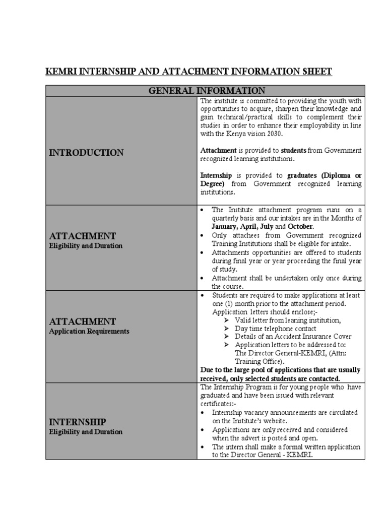 Kemri Internship and Attachment Information Sheet General Information | PDF | Internship | Job ...
