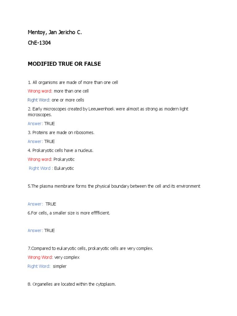Modified True or False: Mentoy, Jan Jericho C. Che-1304 | PDF | Organelle | Cell Nucleus