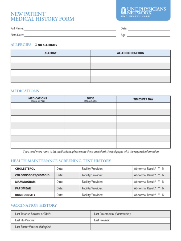 New Patient Medical History Form: Allergies | PDF | Allergy | Chronic ...