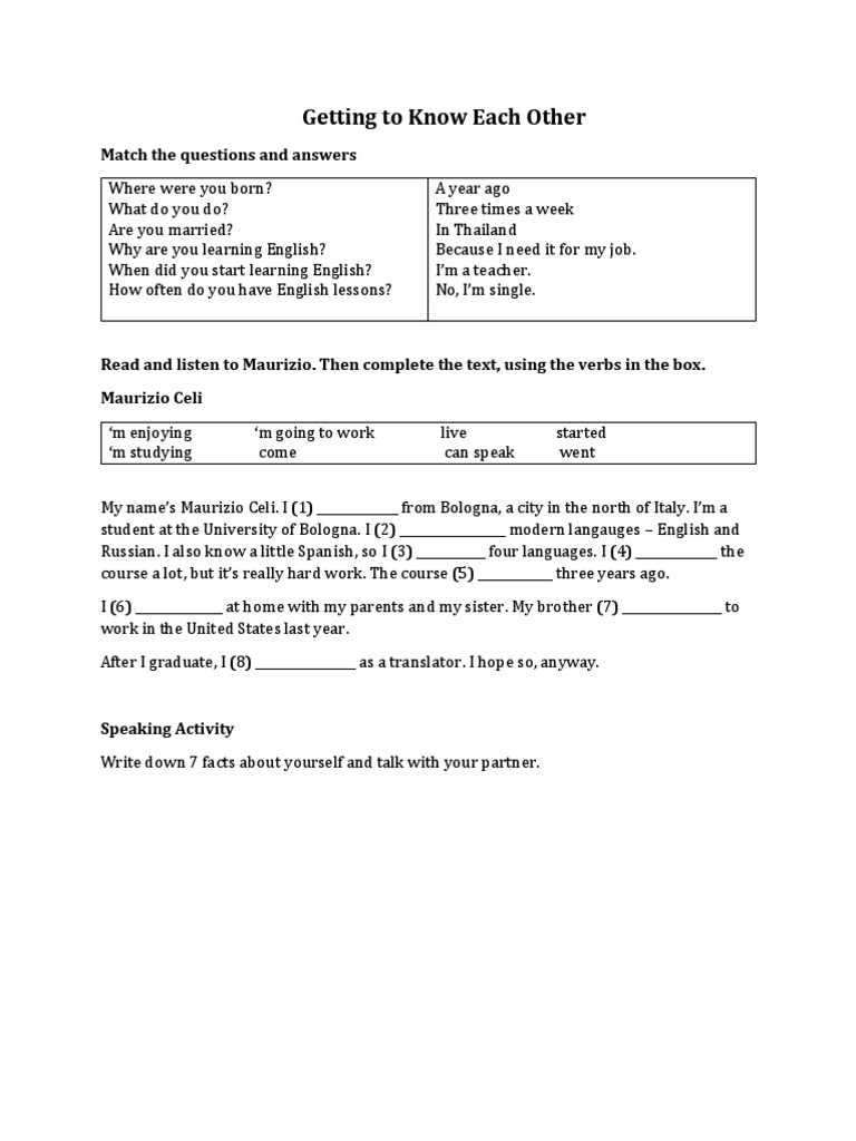 Getting To Know Each Other: Match The Questions and Answers | PDF ...