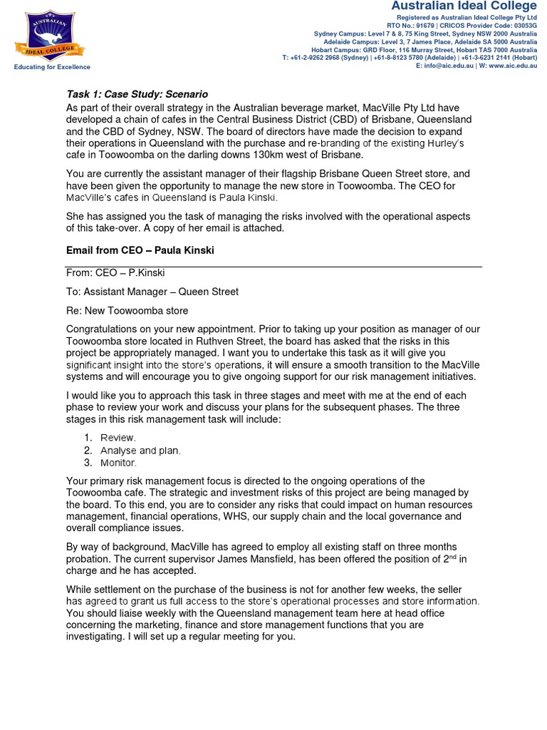 BSBRSK501 Manage Risk Case Studies | PDF | Adelaide | Risk Management