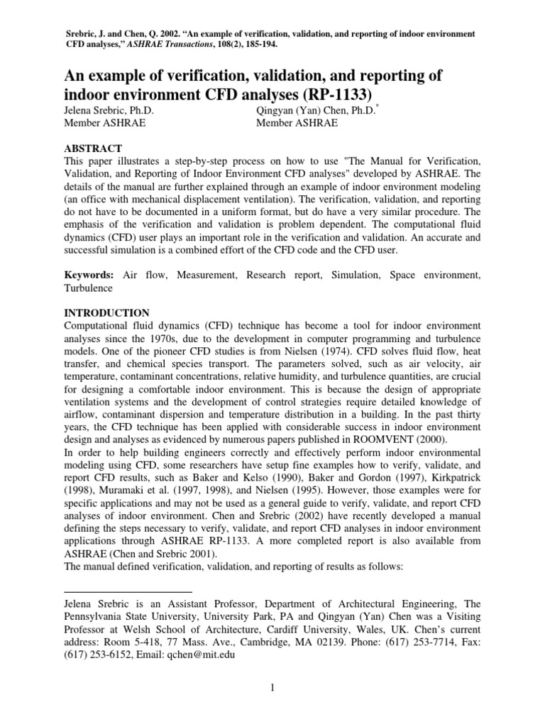 An Example of Verification, Validation, and Reporting of Indoor Environment CFD Analyses (RP ...