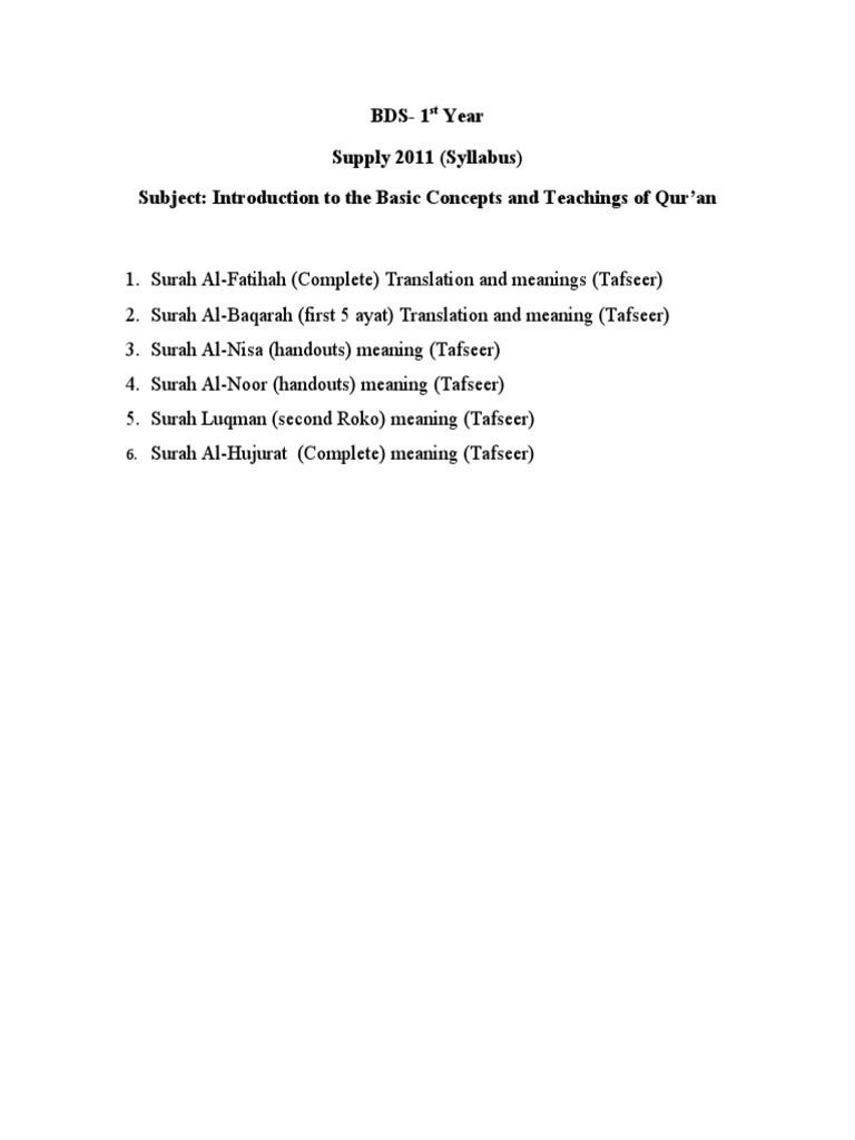 BDS-1 Year Supply 2011 (Syllabus) Subject: Introduction To The Basic ...