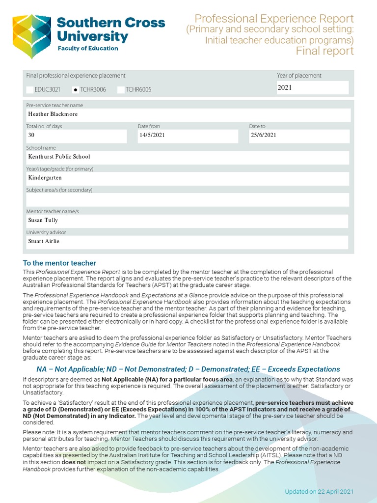 Professional Experience Report - Final Report For Final Placement 2021 ...